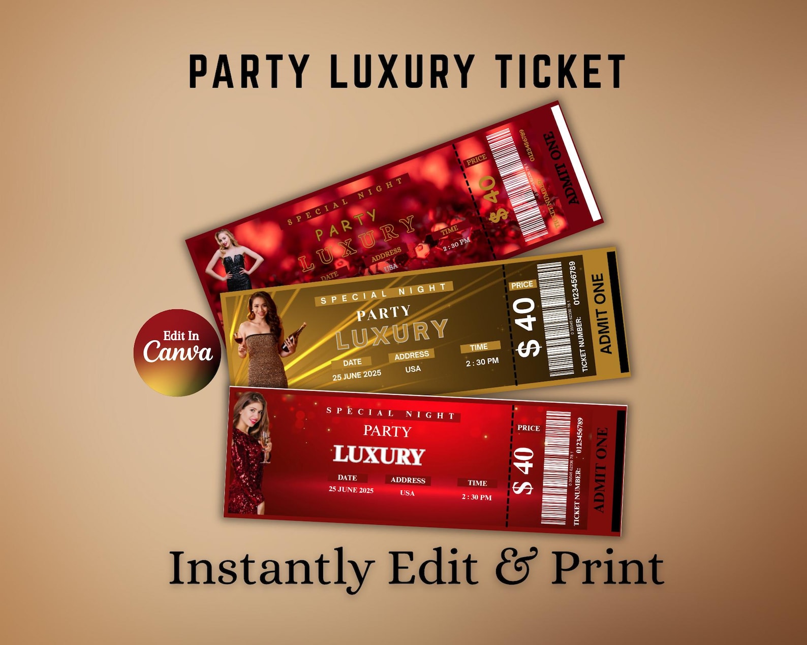 Editable Party Ticket Template: DIY Concert Event Pass, Valentine Day ...