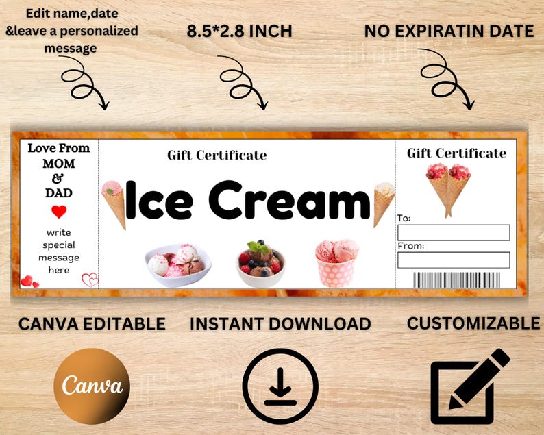 Ice Cream Gift Certificate Template Ticket – Digital Instant Download ...