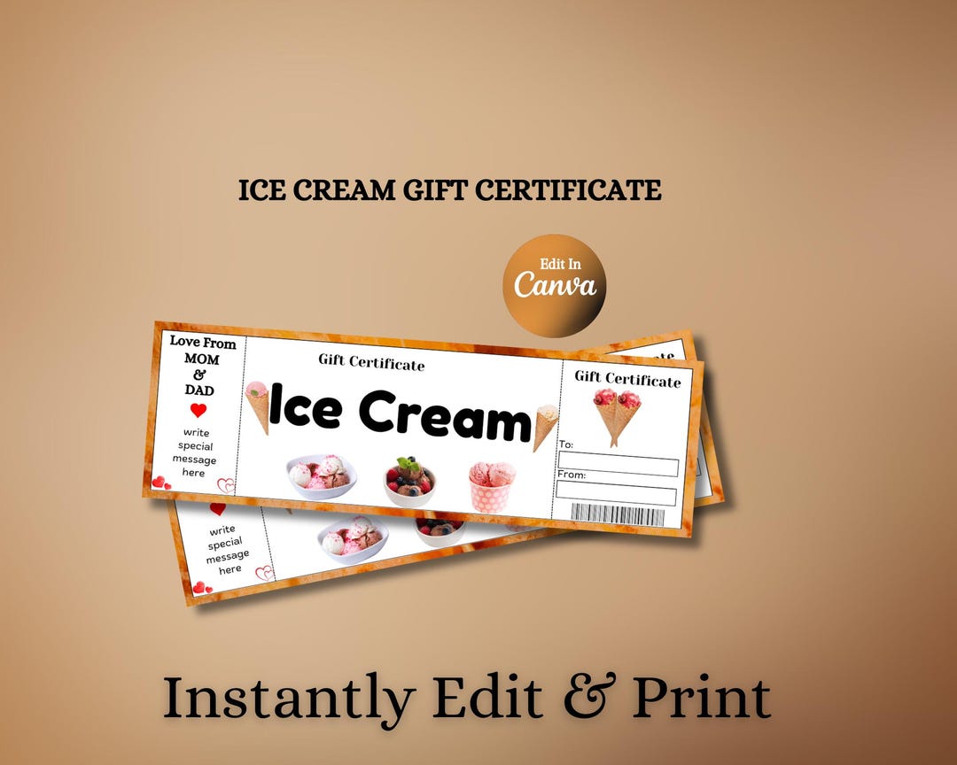 Ice Cream Gift Certificate Template Ticket – Digital Instant Download ...