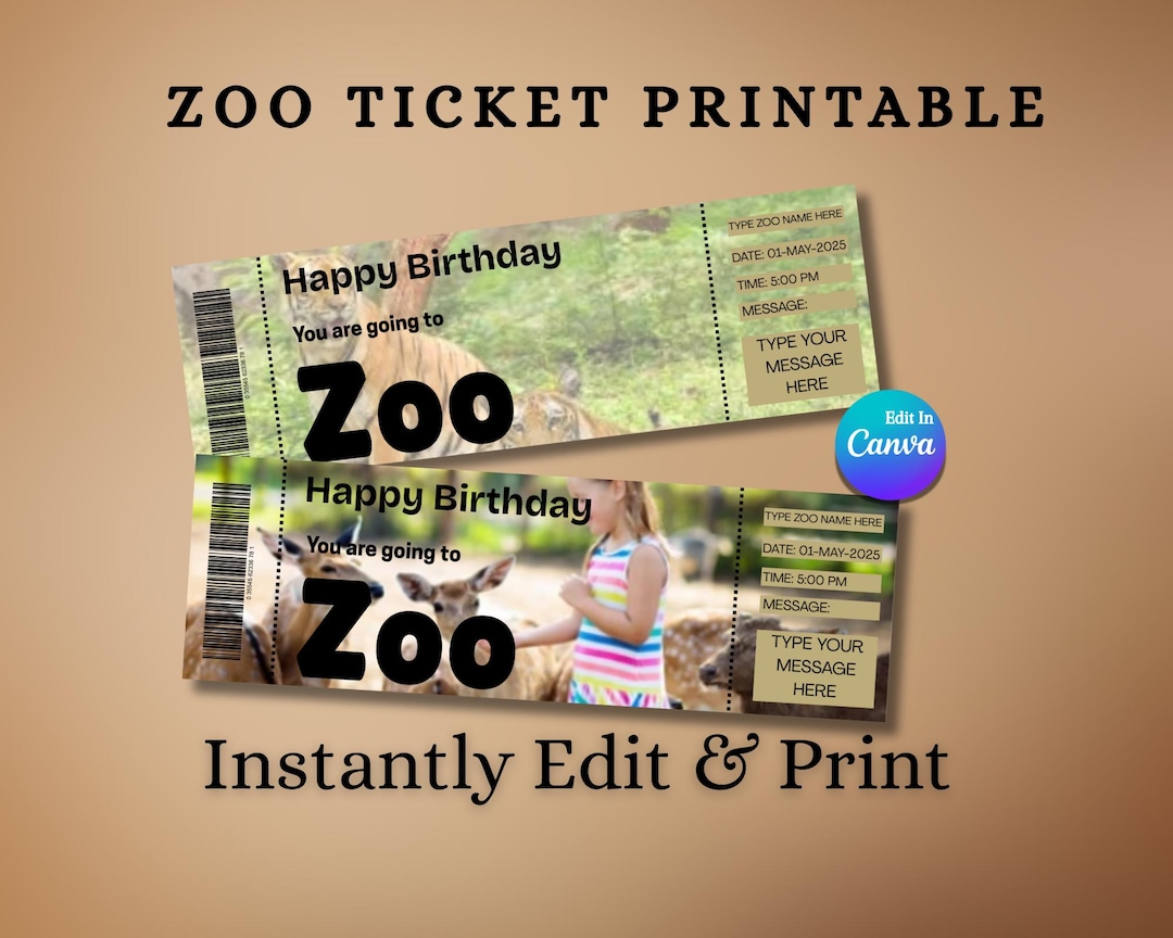 Zoo Ticket Printable – Editable Canva Template for Birthday Gift or ...
