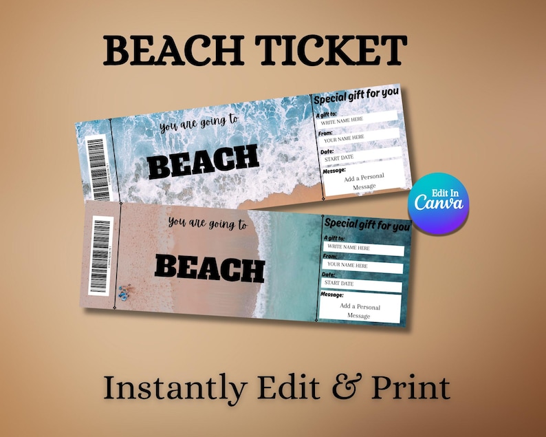 Editable Beach Vacation Ticket Template: Surprise Trip Reveal (digital ...