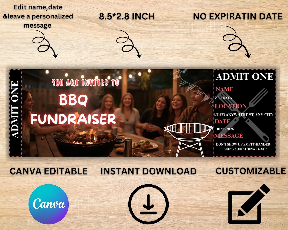 Fundraiser BBQ Ticket Template: Editable Meal Voucher, Printable Food ...