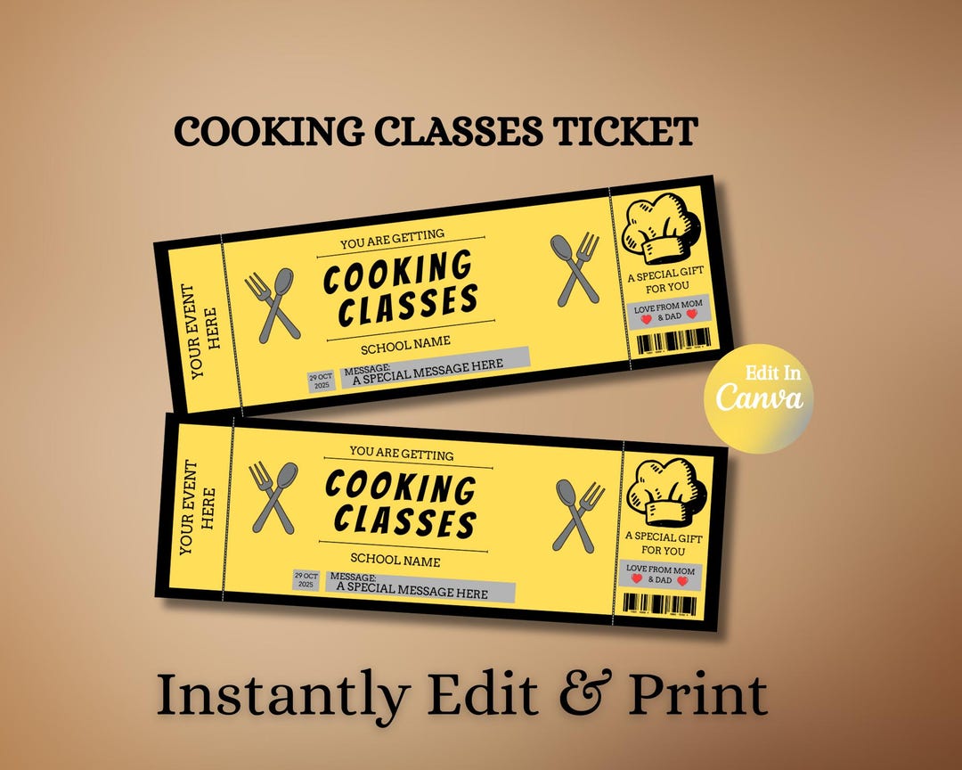 Cooking Class Gift Voucher – Printable Cooking Lesson Ticket, Editable Coupon for Foodies ...
