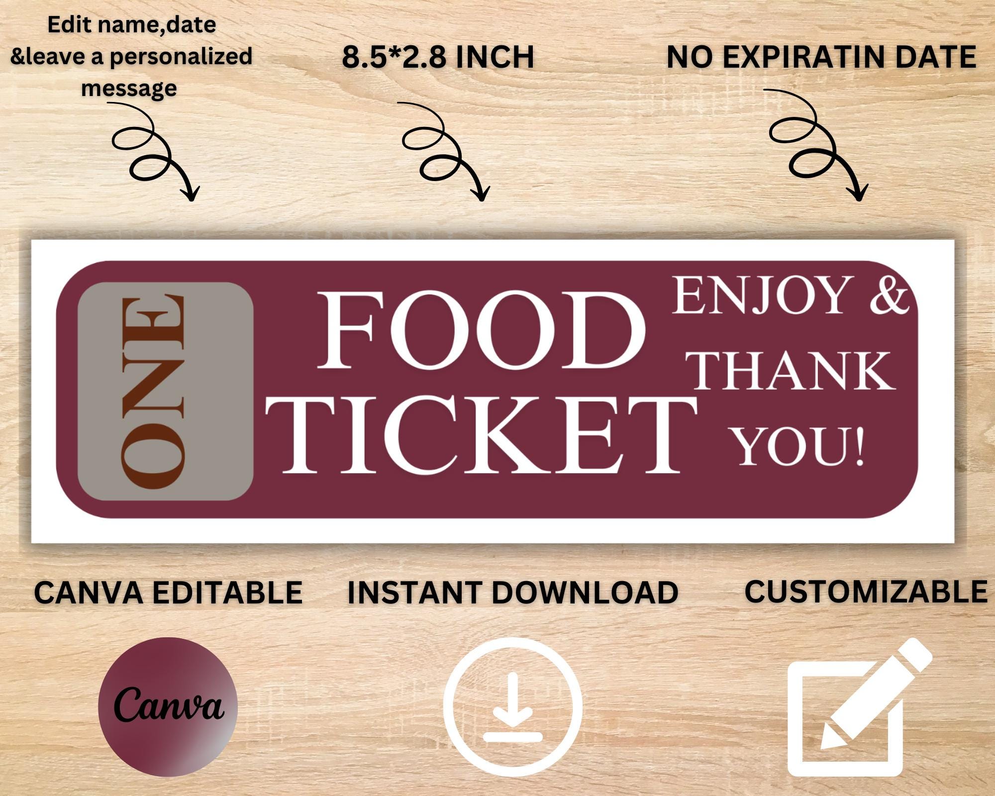 Editable Food Event Ticket: Printable Meal Voucher, Canva Template (PDF ...