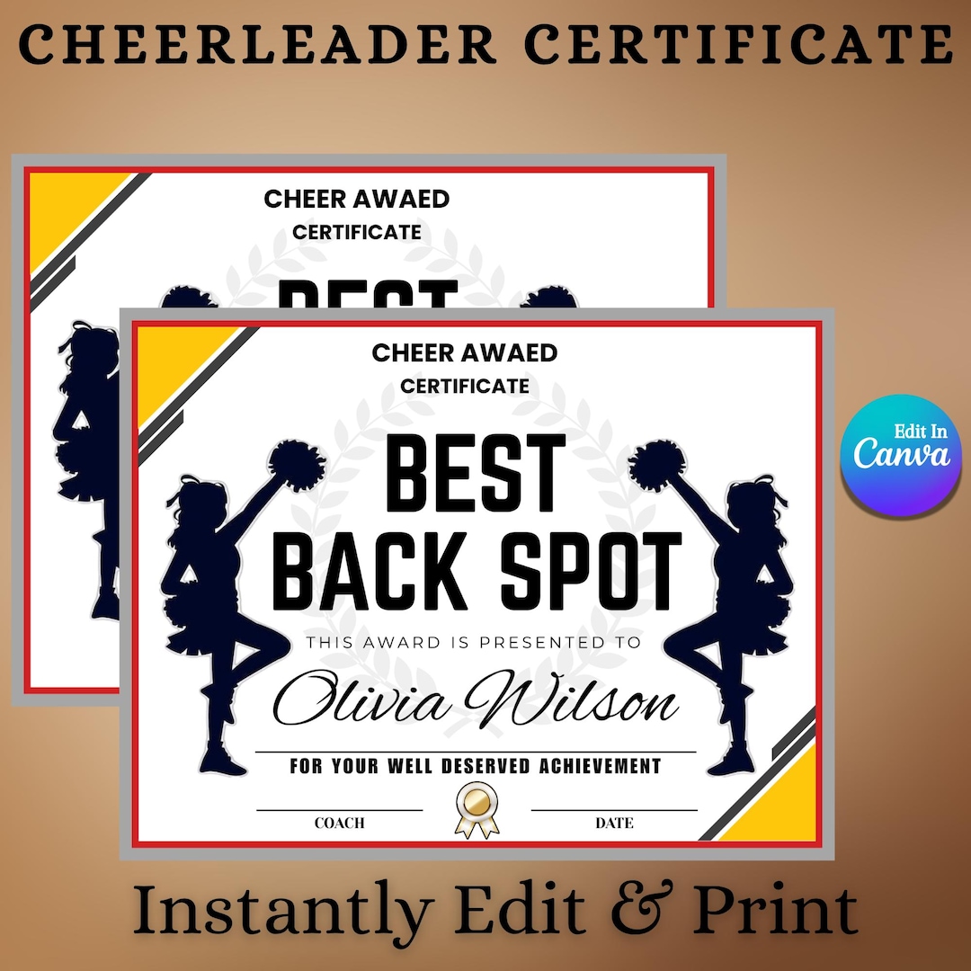 Cheerleader Certificate Editable Canva Template , Cheer Award Printable ...