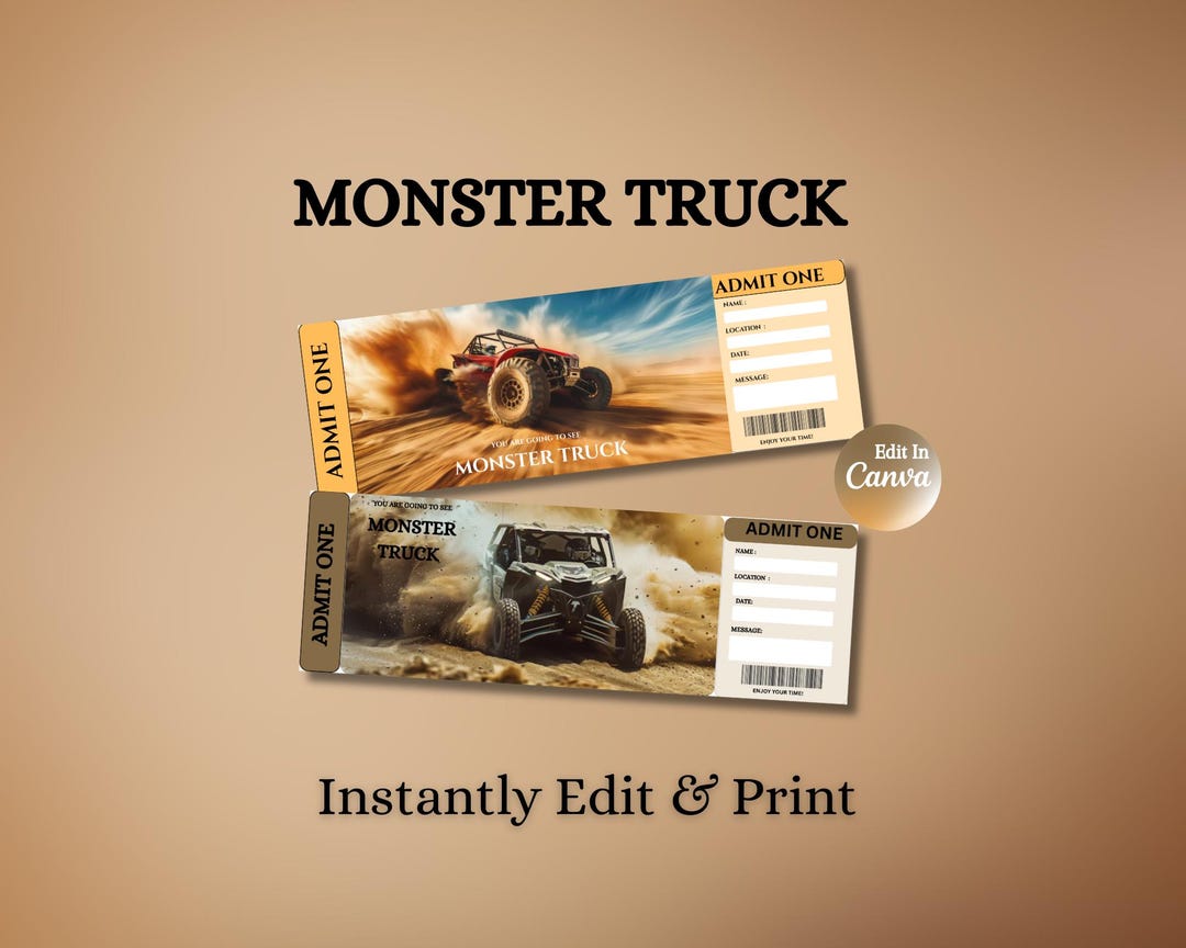 Monster Truck Birthday Ticket Invitation: Editable Canva Template ...