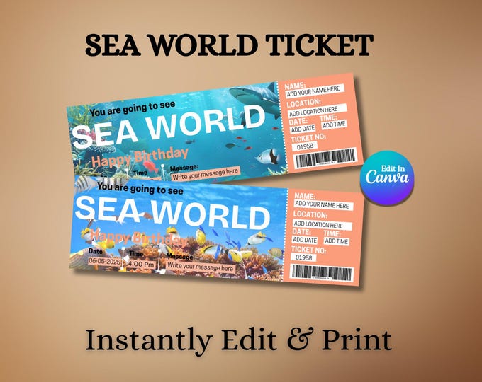 Editable Sea World Theme Park Surprise Ticket Gift for Kids INSTANT ...