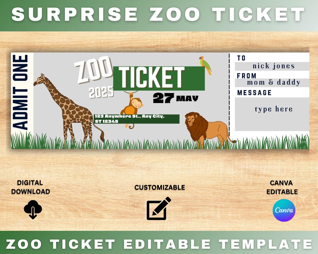 Zoo Ticket | Printable Birthday Gift Voucher | Surprise Zoo Coupon ...