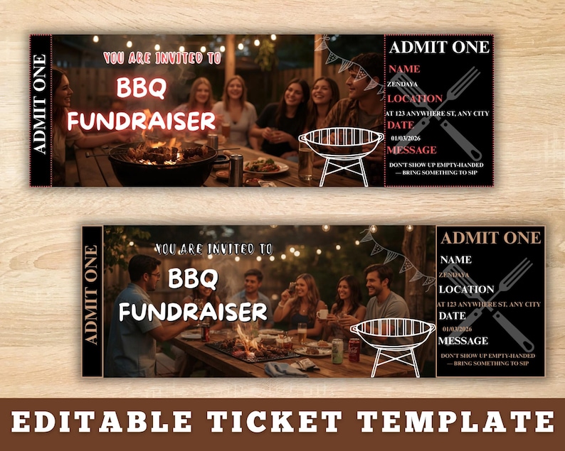 Fundraiser BBQ Ticket Template: Editable Meal Voucher, Printable Food ...