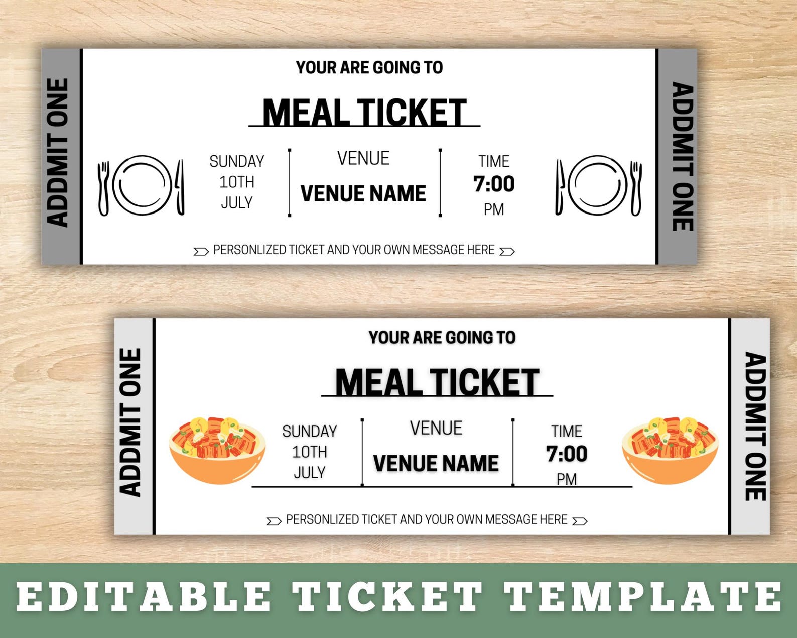 Editable Meal Ticket Template: Printable Food Voucher, Party Favor ...