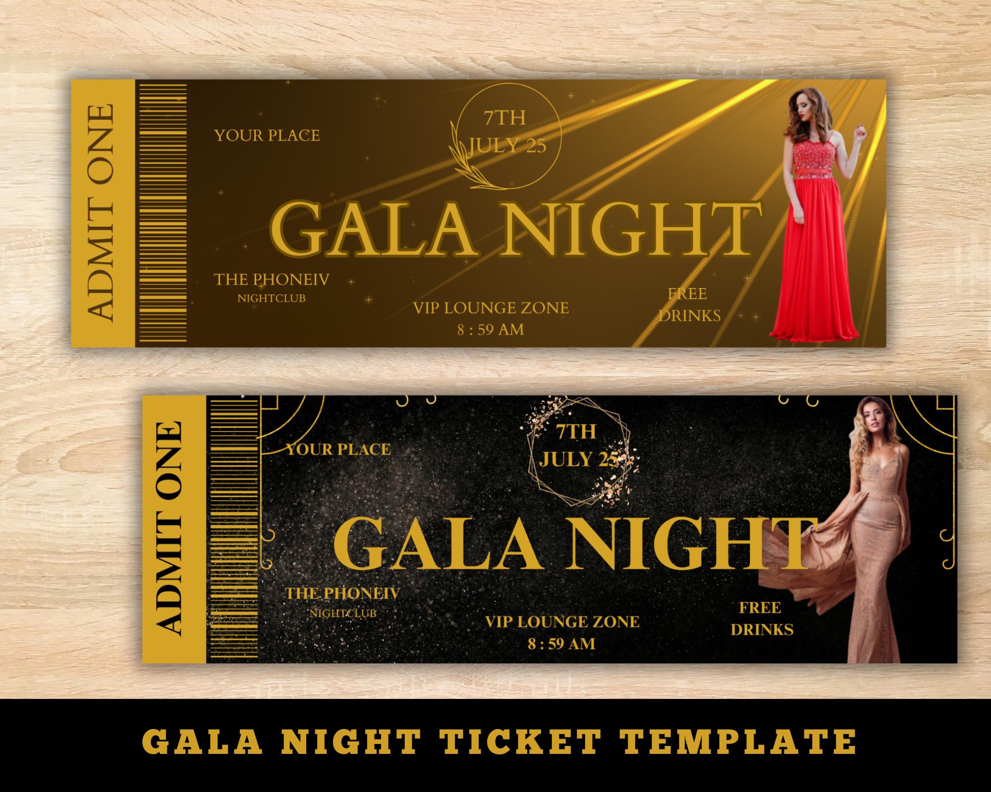 Gala Ticket Template Editable Gold Invitation, Printable Party Pass ...
