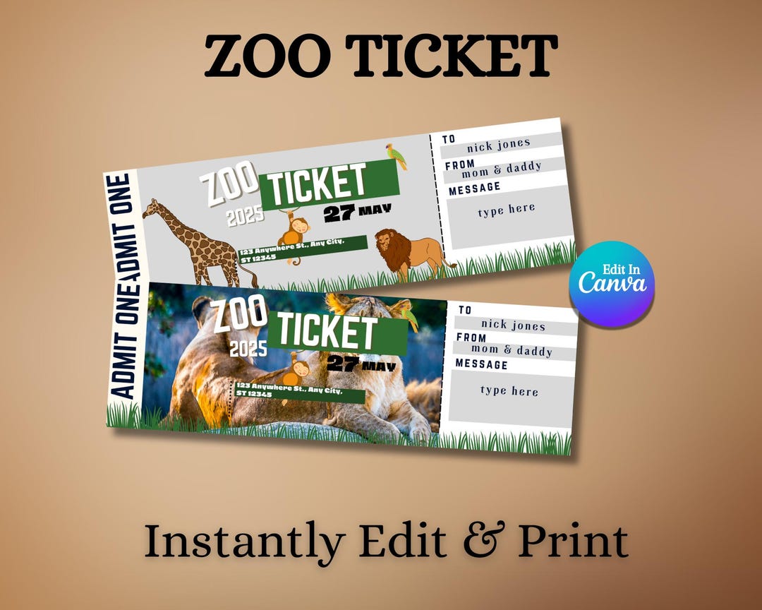 Editable Zoo Ticket Template: Printable Birthday Gift (digital Download ...