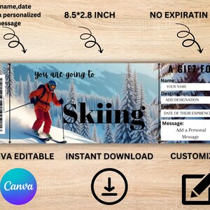 Skiing Gift Ticket Ski Pass Winter Pass Printable Ticket Holiday Ticket ...