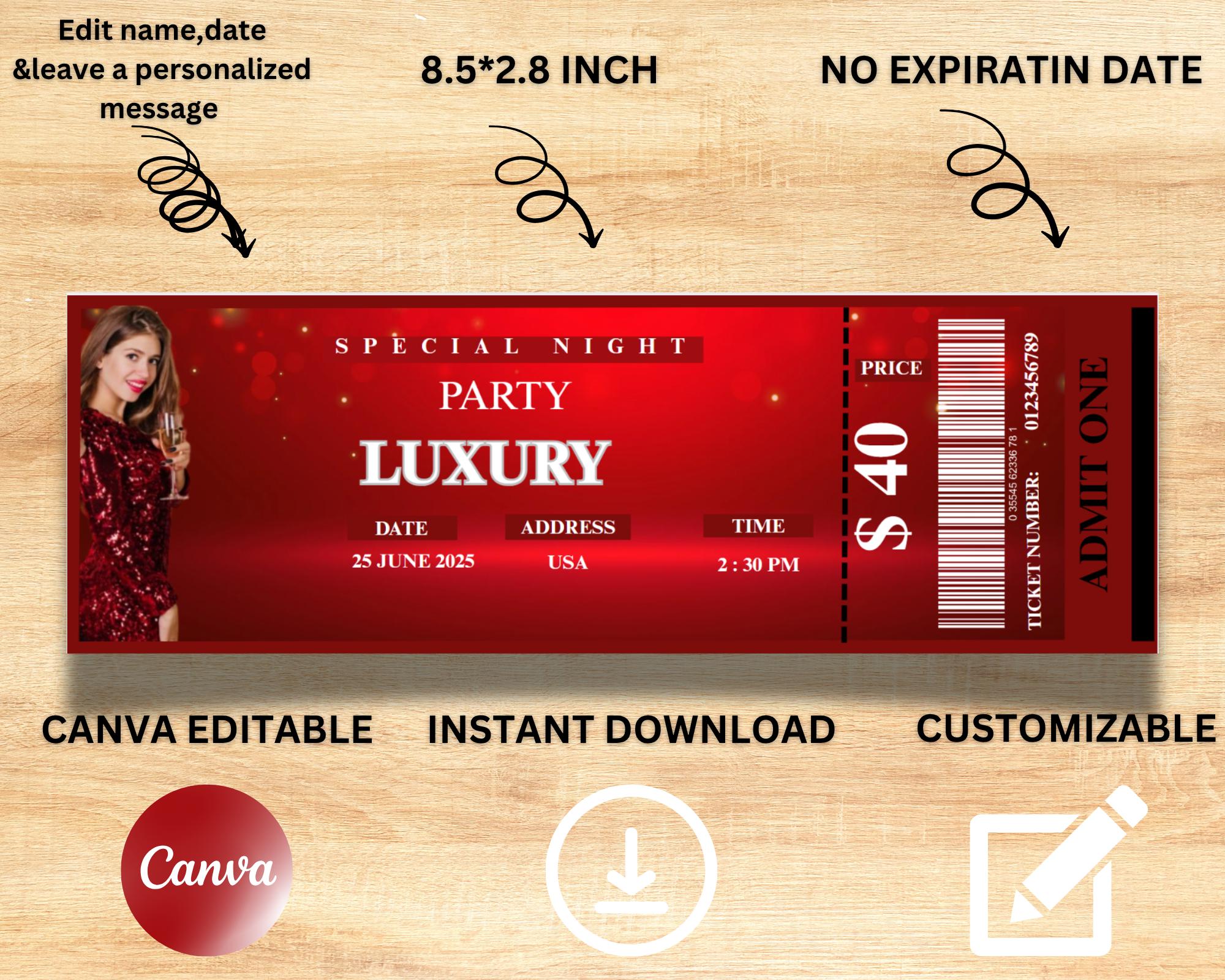Editable Party Ticket Template: DIY Concert Event Pass, Valentine Day ...