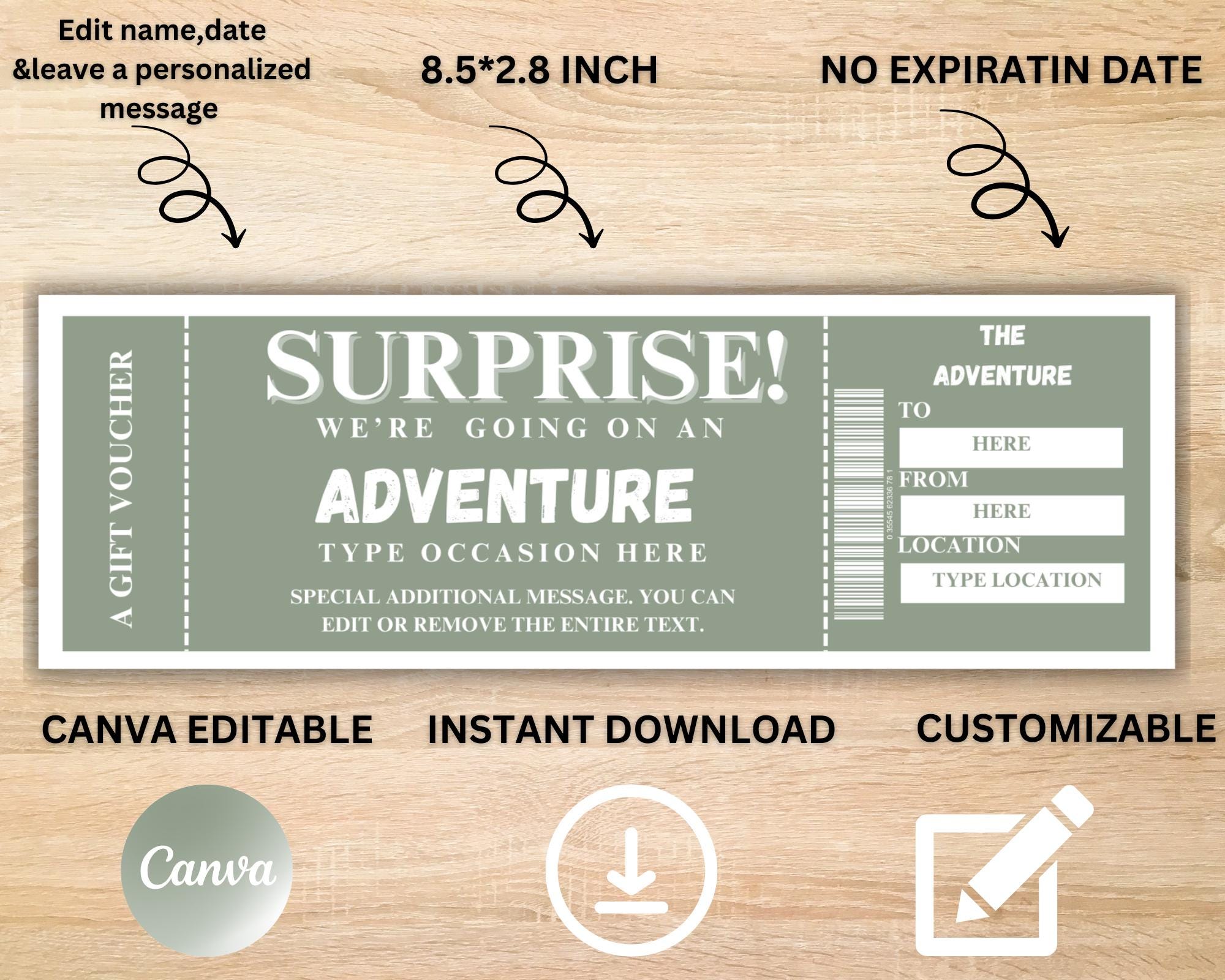 Surprise Adventure Trip Ticket: Editable Travel Voucher (digital ...