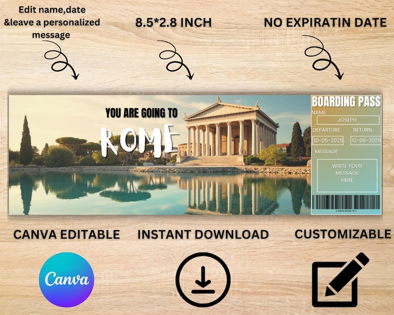 Rome Trip Ticket Printable Travel Voucher, Editable Trip Pass, Vacation ...