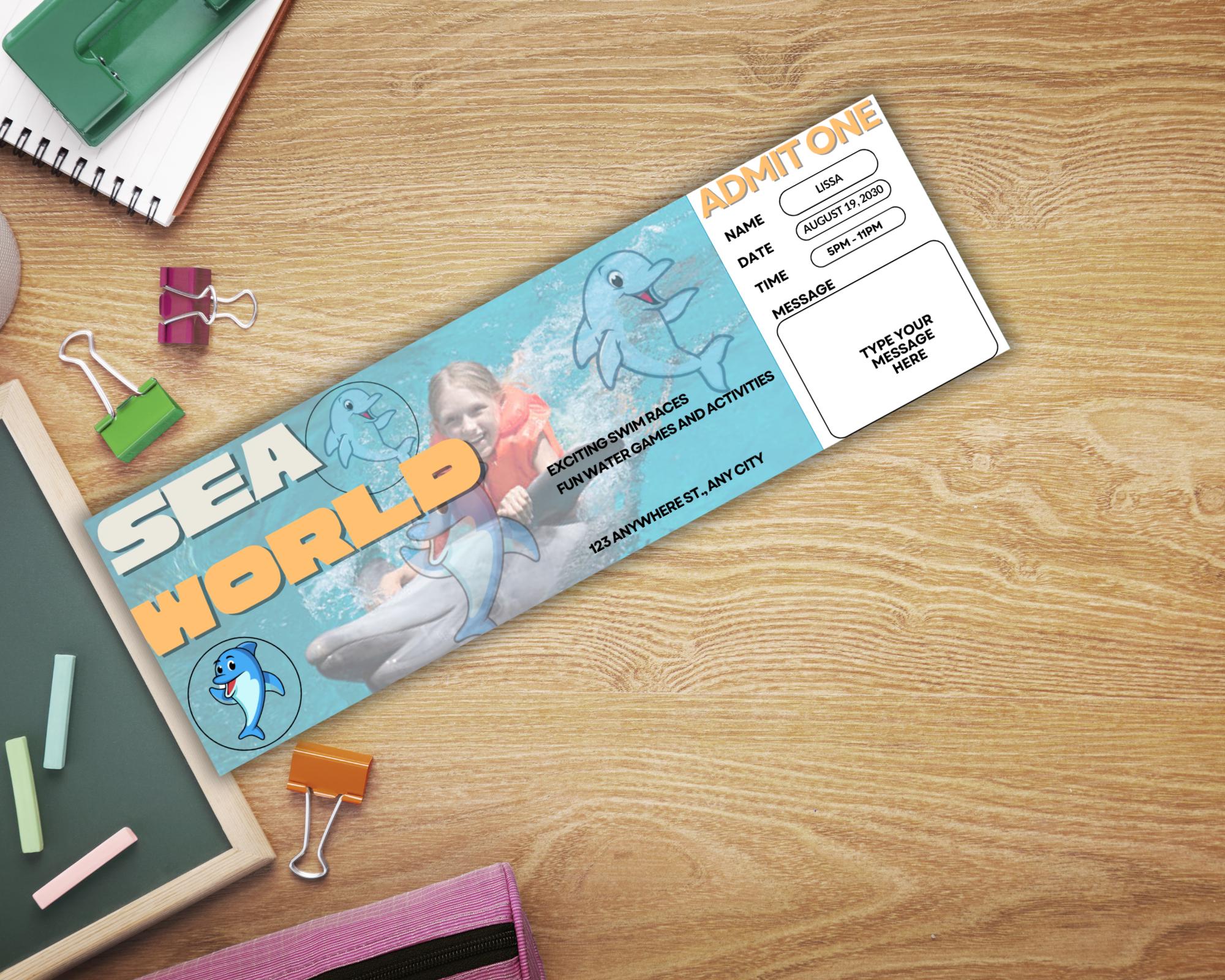 Printable Seaworld Surprise Ticket: Vacation Reveal, Canva Editable ...