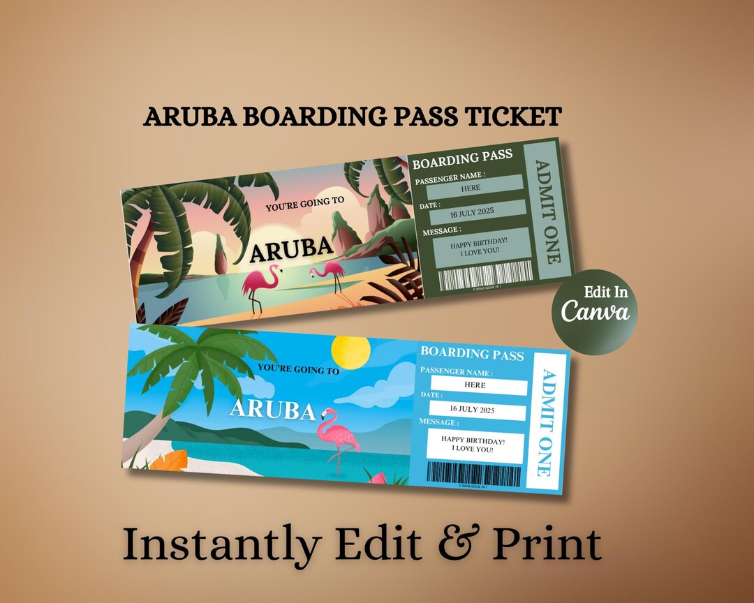 Boarding Pass Aruba Surprise Ticket – Editable Vacation Trip Template ...