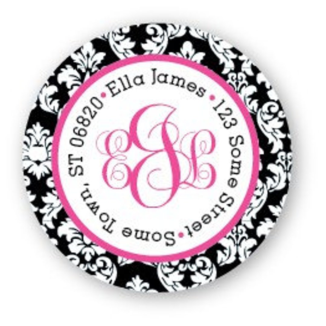 Monogrammed Damask Address Labels - Black and Pink - Monogram Sticker ...