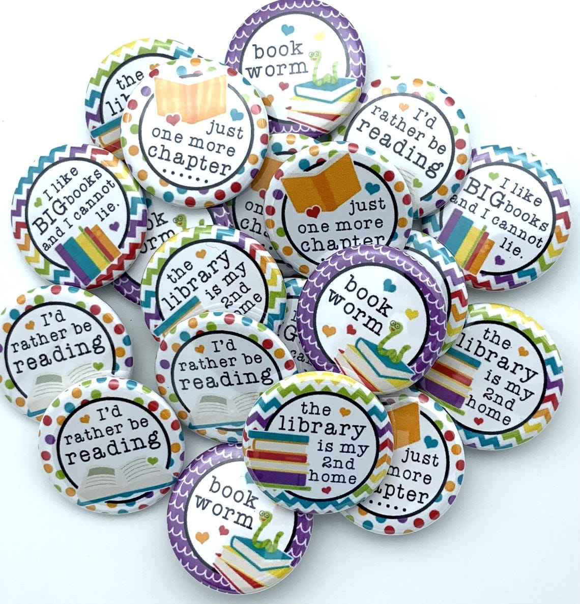 Bookworm Themed Buttons / Various Size and Back Types / Literary Girl ...