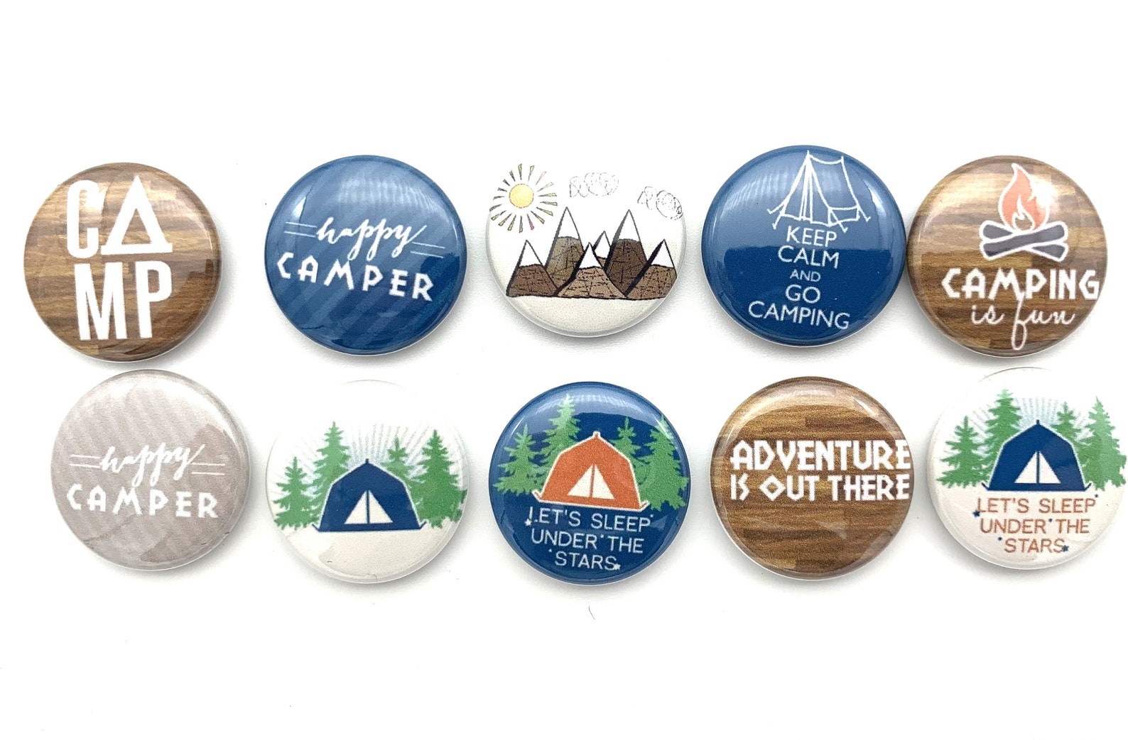 Camping Themed Buttons TEN (10) Pack Choose 1" 1.25" 1.5" or 1.75" Pin ...