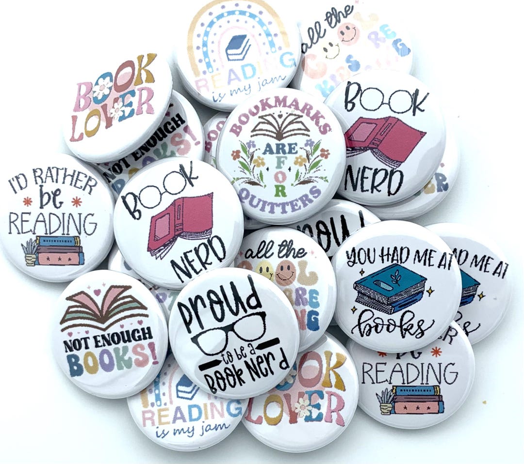 Reading Book Club Buttons / Various Size and Back Types / Literary Girl or Librarian Gift Idea ...