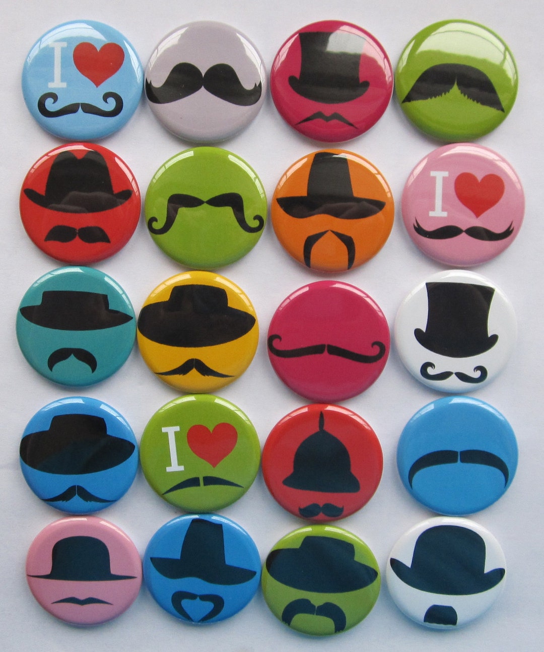 Mustache Themed Set of 20 1", 1.25" or 1.5" Inch Mustache Buttons Pin ...