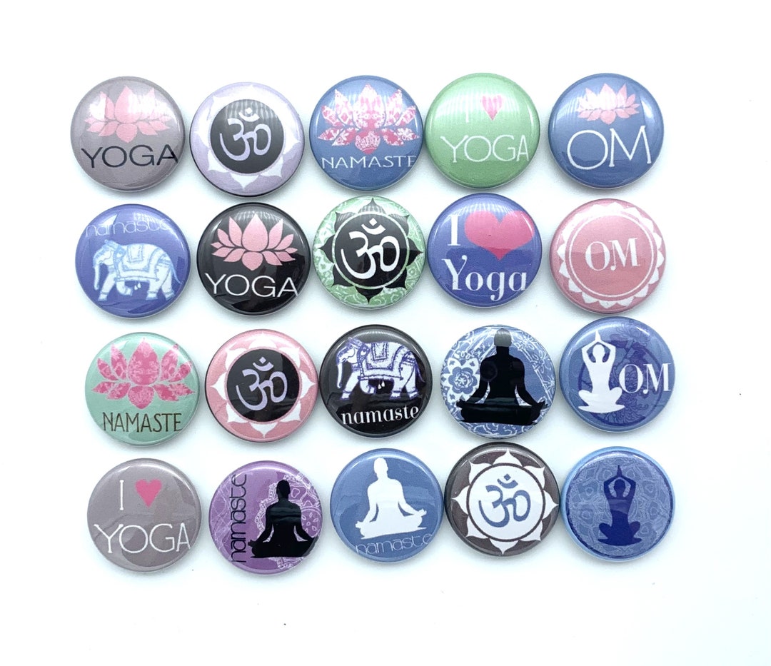 Yoga Themed Set of 20 1", 1.25" or 1.5" Inch Yoga Buttons Pin Flat Back ...