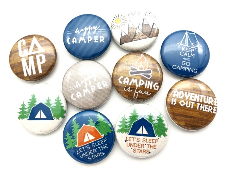 Camping Themed Buttons TEN (10) Pack Choose 1" 1.25" 1.5" or 1.75" Pin ...