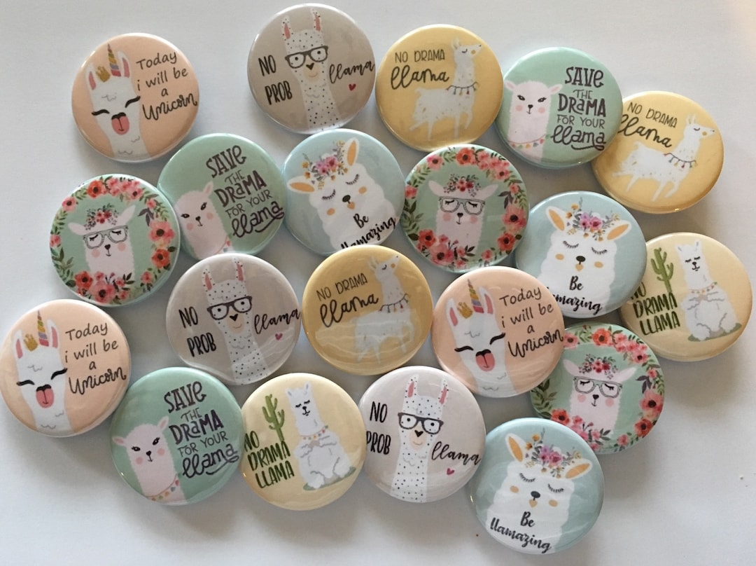 Llama Party Favor Set of 20 Buttons. Choose 1" 1.25",1.5" or 2.25" Pin ...