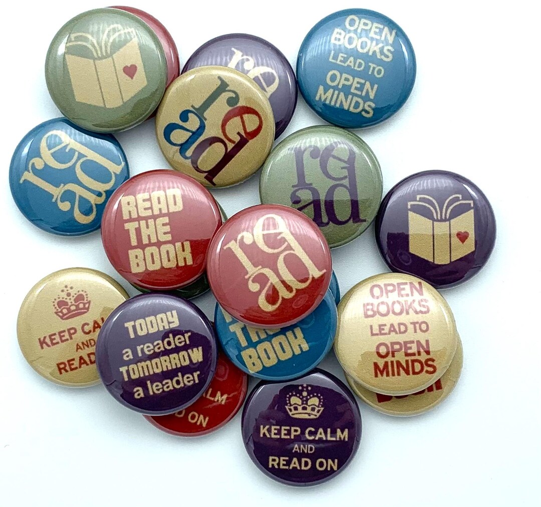 Bookworm Gift Buttons Set of TWENTY / Various Backs and Sizes / Great ...
