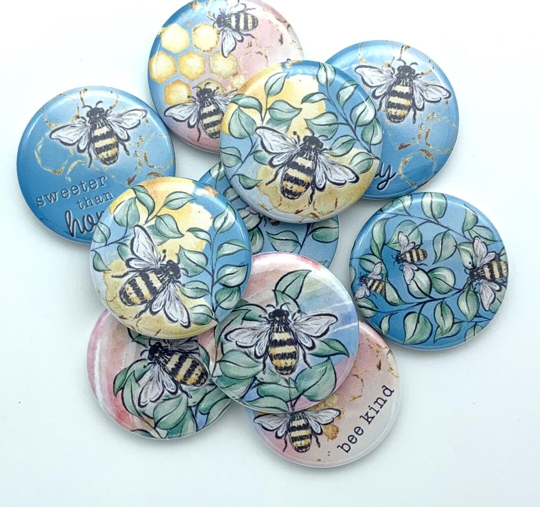 TEN Bee Buttons. Various Sizes and Back Types. Great Gift or Reminder ...