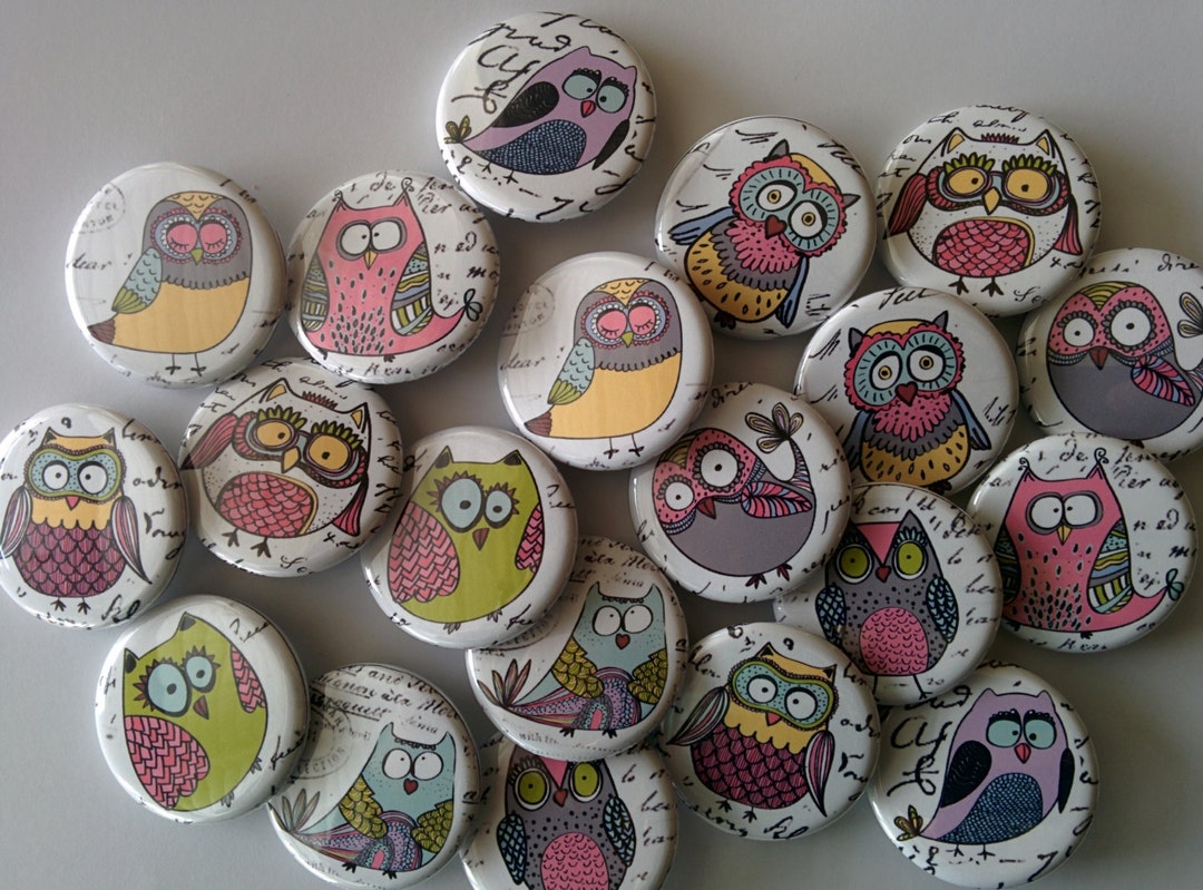 Whimsical Owl Buttons Gift Set of 20 1", 1.25" or 1.5" Pin, Flat ...