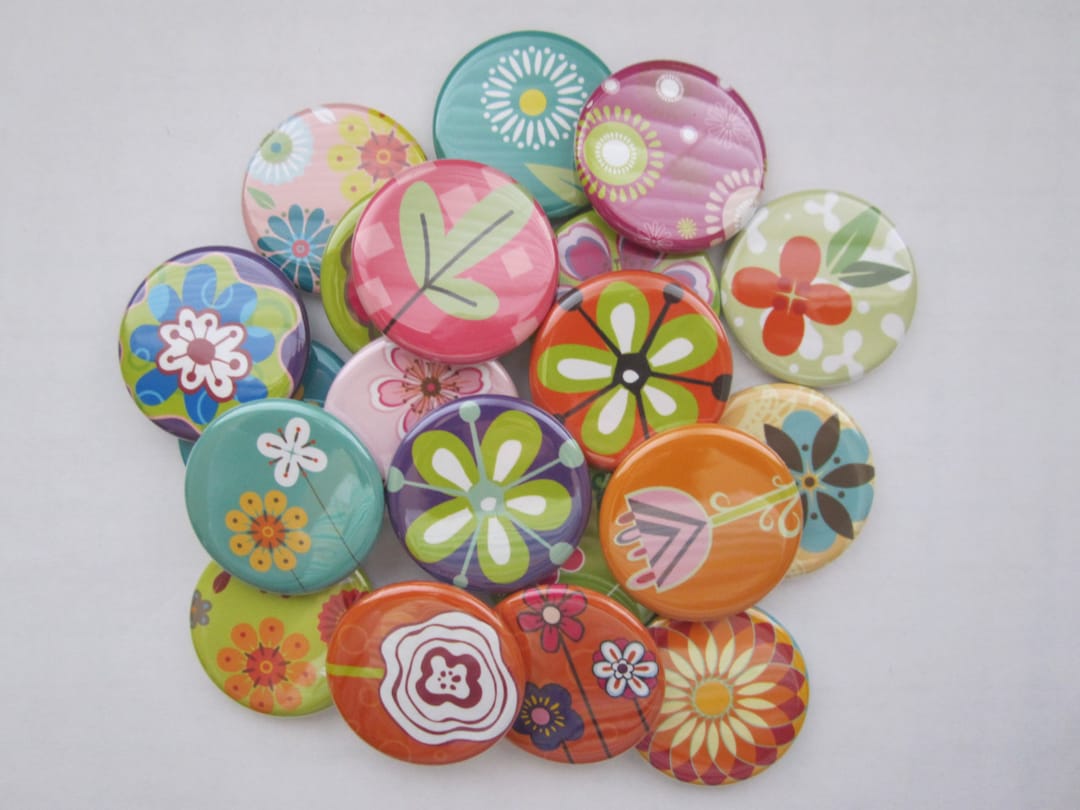 Colorful Bright Flower Gift Buttons Set of 20 1", 1.25" or 1.5" Pin ...