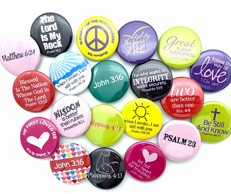 Bible Scripture Inspirational Set of 20 Buttons. 1" or 1.25" Choose ...