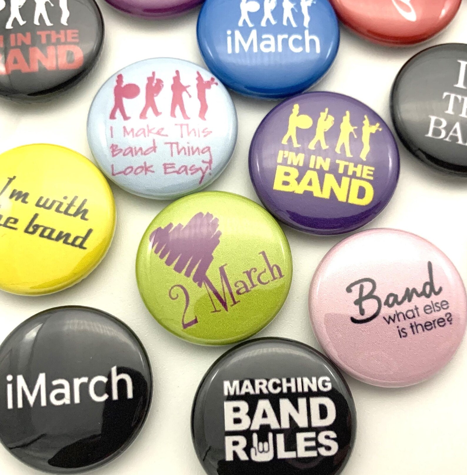 Marching Band Buttons Set of TWENTY (20) 1" 1.25" 1.5" or 1.75" Pin Flat Hollow or Fridge Magnet ...