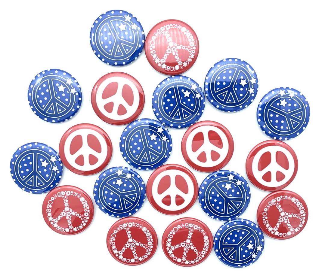 Red White and Blue Peace Sign Set of TWENTY (20) Buttons Choose 1" 1.25" 1.5" or 1.75" Pin Flat ...