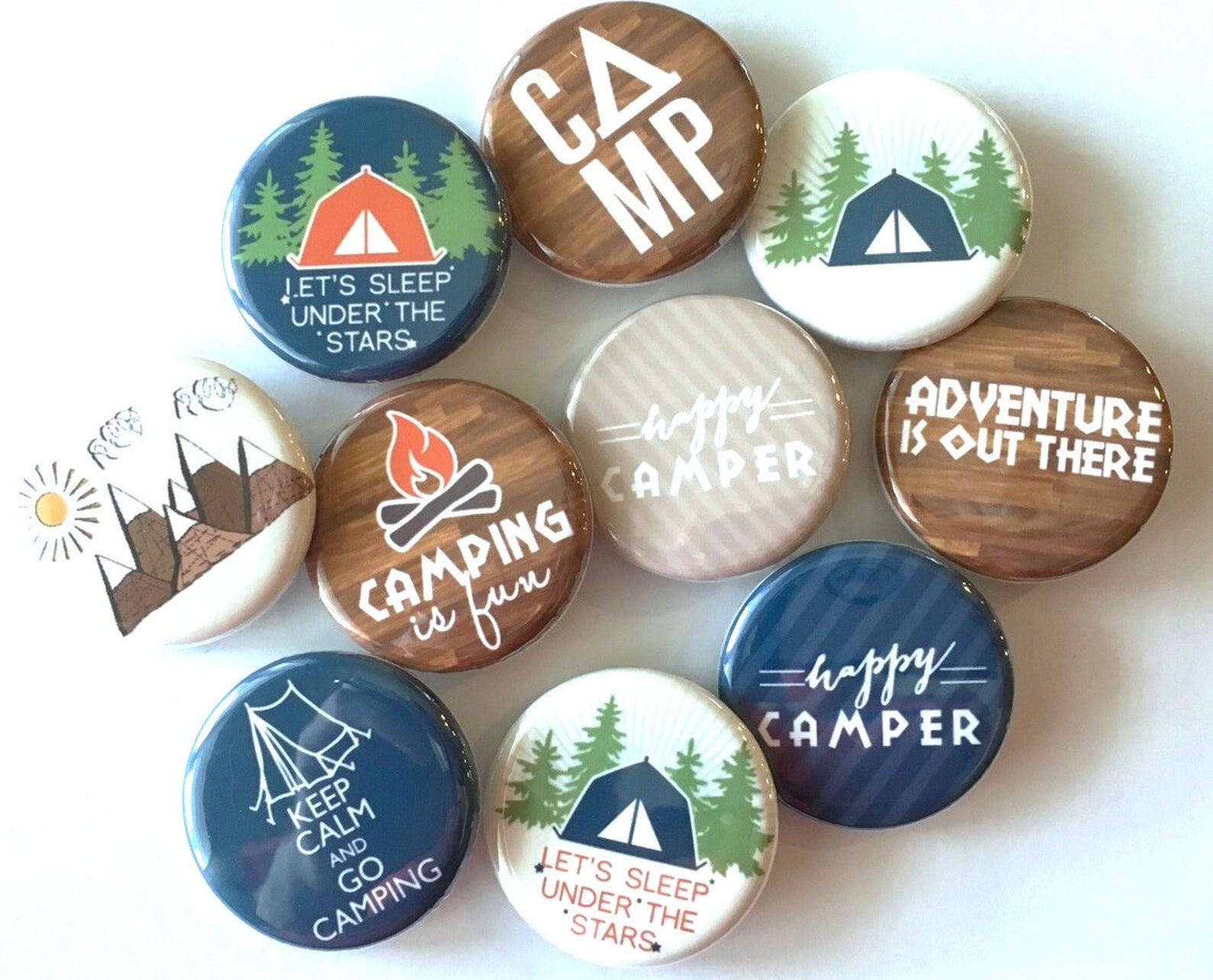 Camping Themed Buttons TEN (10) Pack Choose 1" 1.25" 1.5" or 1.75" Pin ...