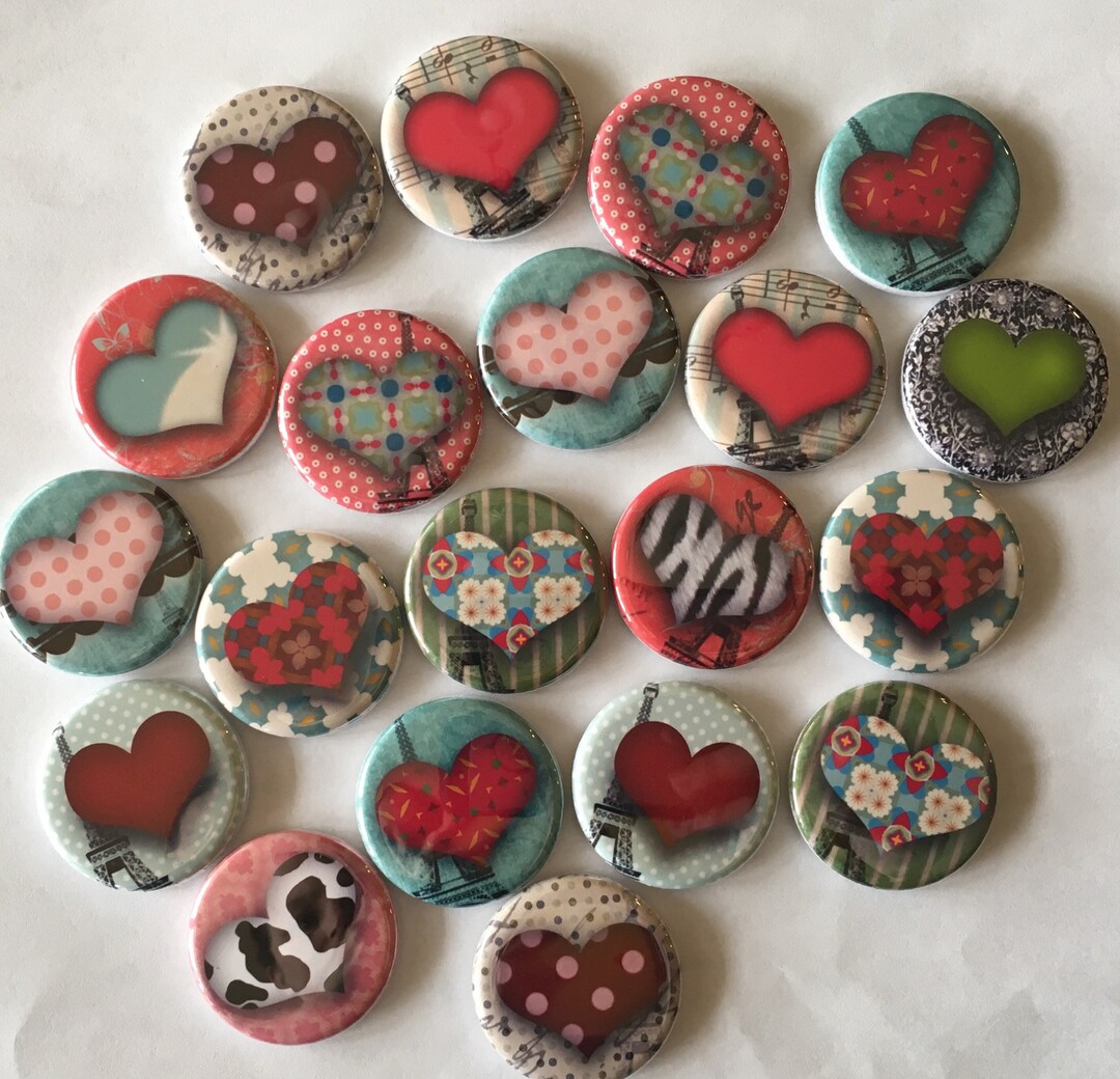 Heart and Valentine Gift Button Set of 20 1", 1.25" or 1.5" Pin, Flat ...
