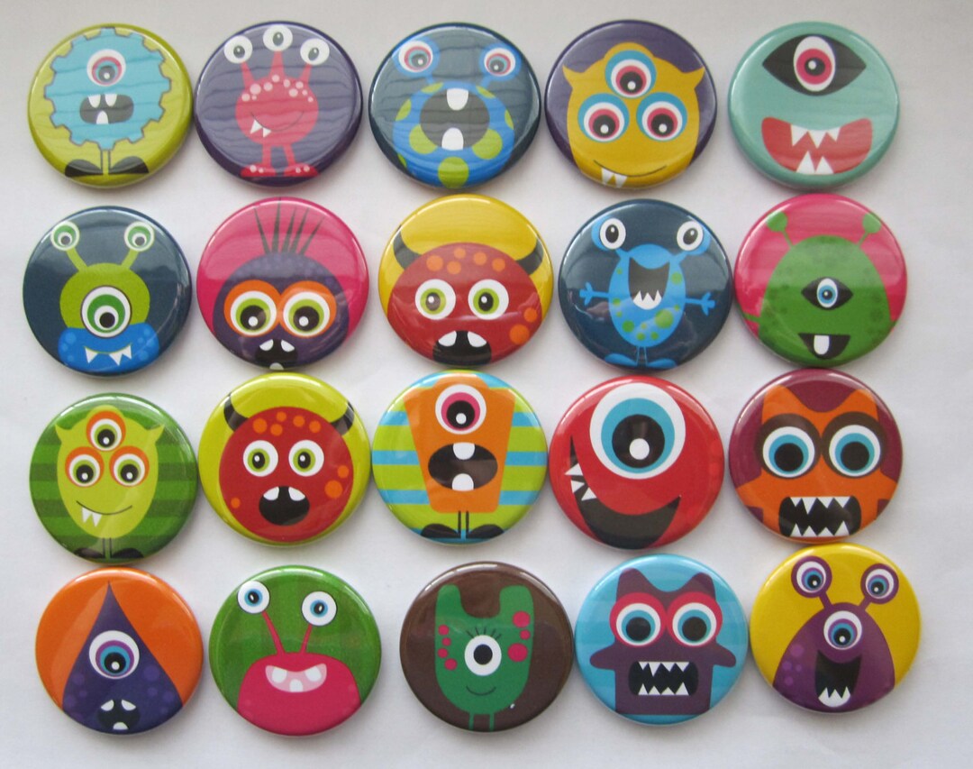 Cute Monster Themed Set of 20 1" or 1.25 Inch Buttons Pinback Flatback ...