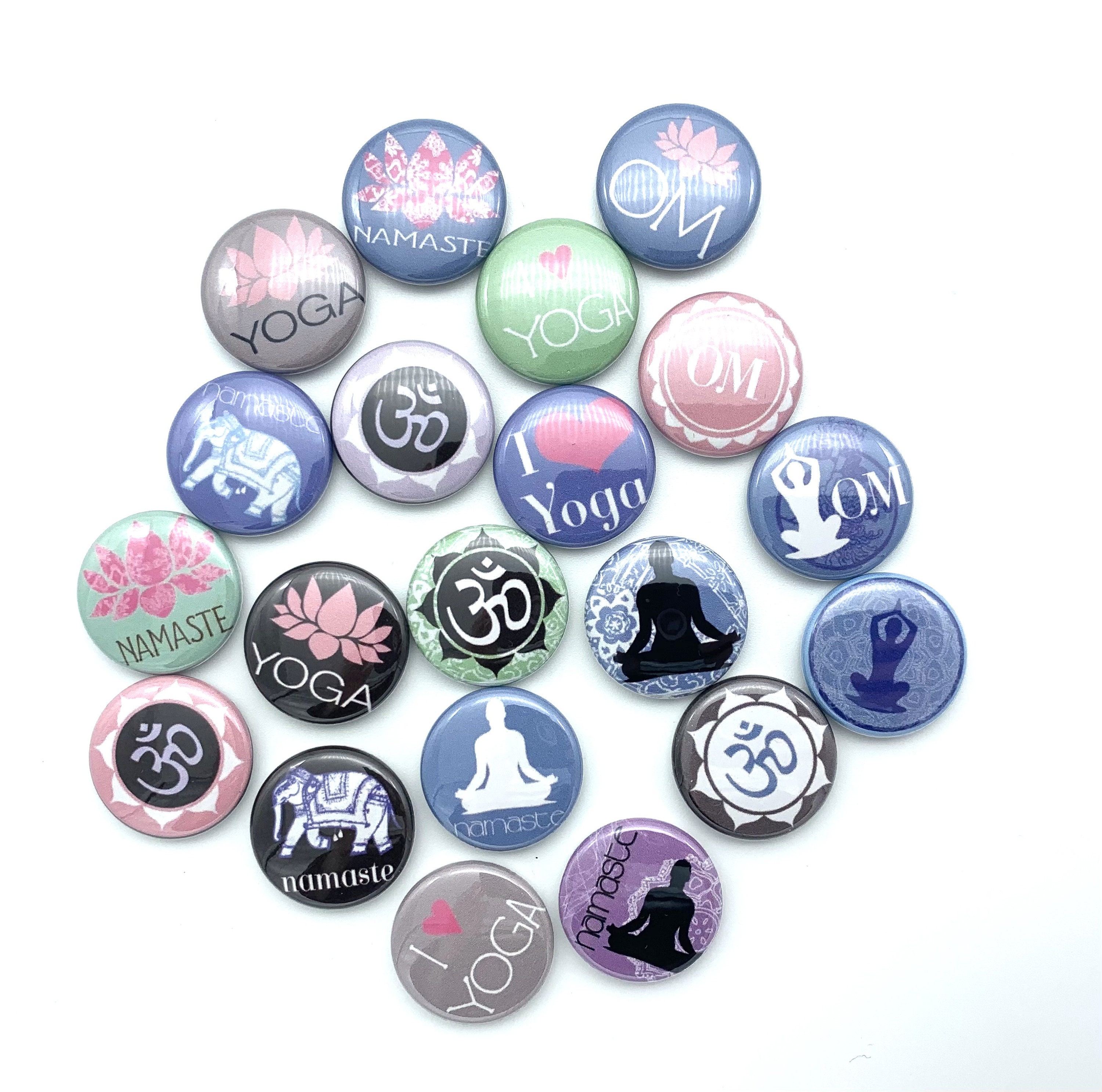 Yoga Themed Set of 20 1", 1.25" or 1.5" Inch Yoga Buttons Pin Flat Back ...