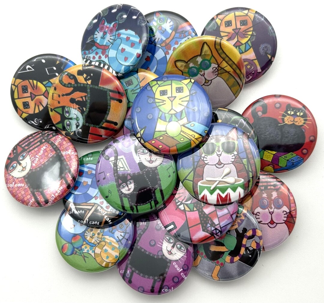 Colorful Cat Button Set of TWENTY / Various Sizes and Backs / Great Cat ...