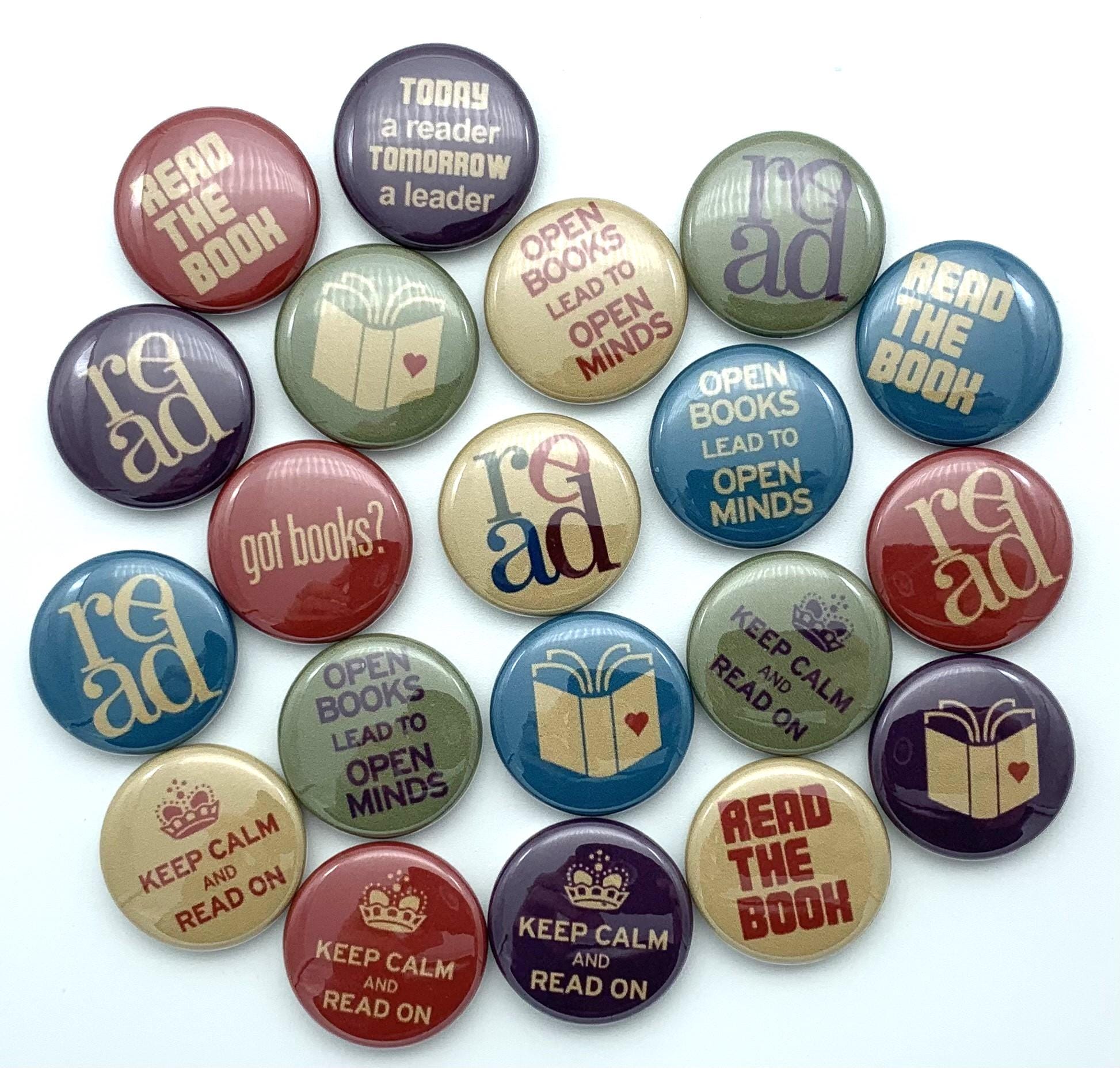 Bookworm Gift Buttons Set of TWENTY / Various Backs and Sizes / Great ...