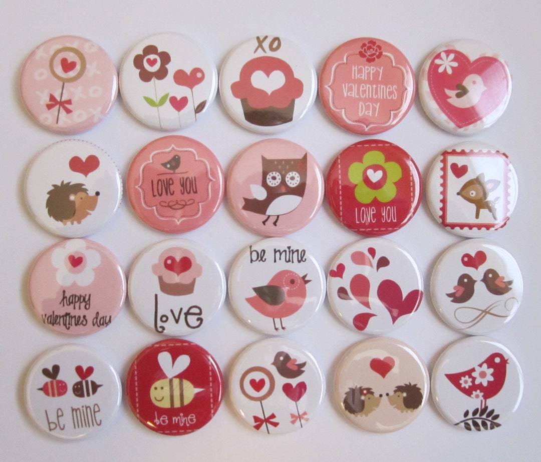 Valentine Button Gift Set of 20. Choose Pin, Flat, Hollow or Magnet ...