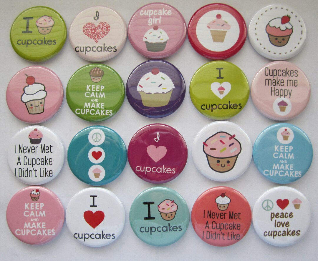 Cupcake Button Set of 20 1" , 1.25" or 1.5" Inch Buttons Pinback ...