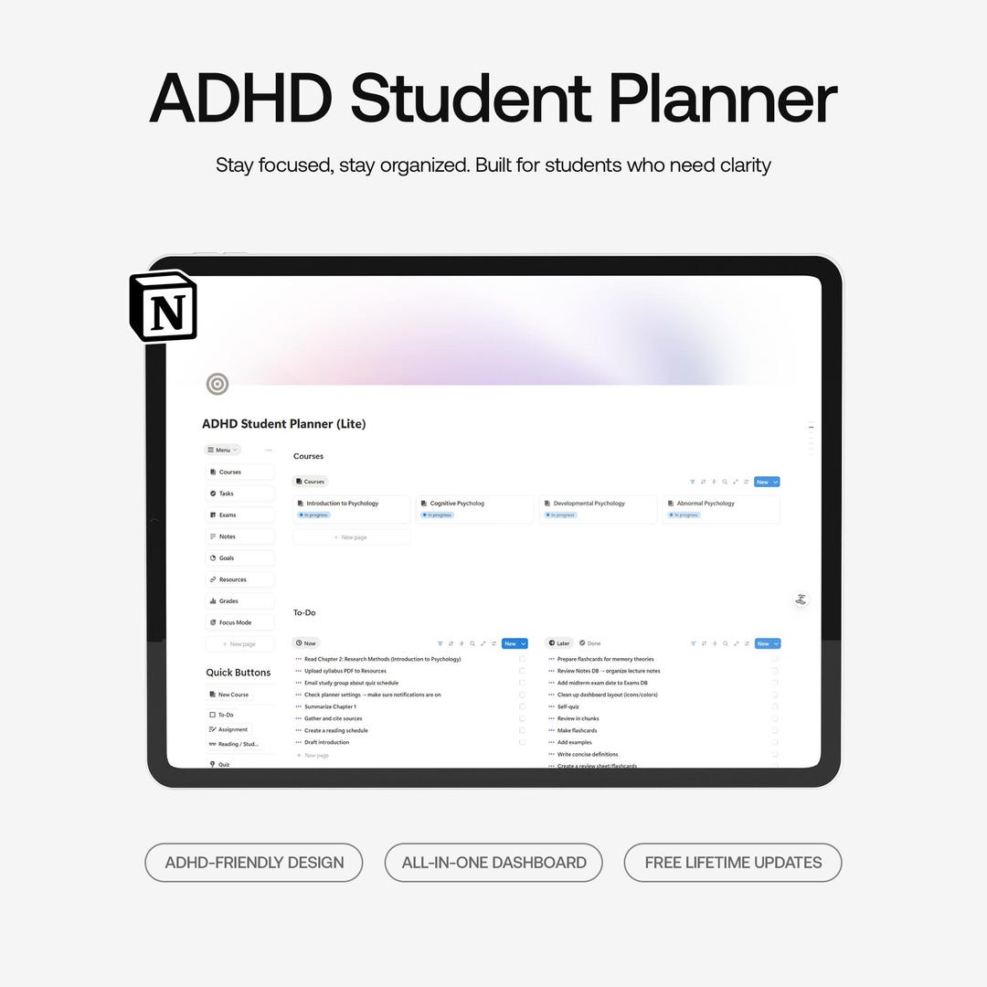 ADHD Academic Planner | Notion Dashboard Template With Focus Timer ...
