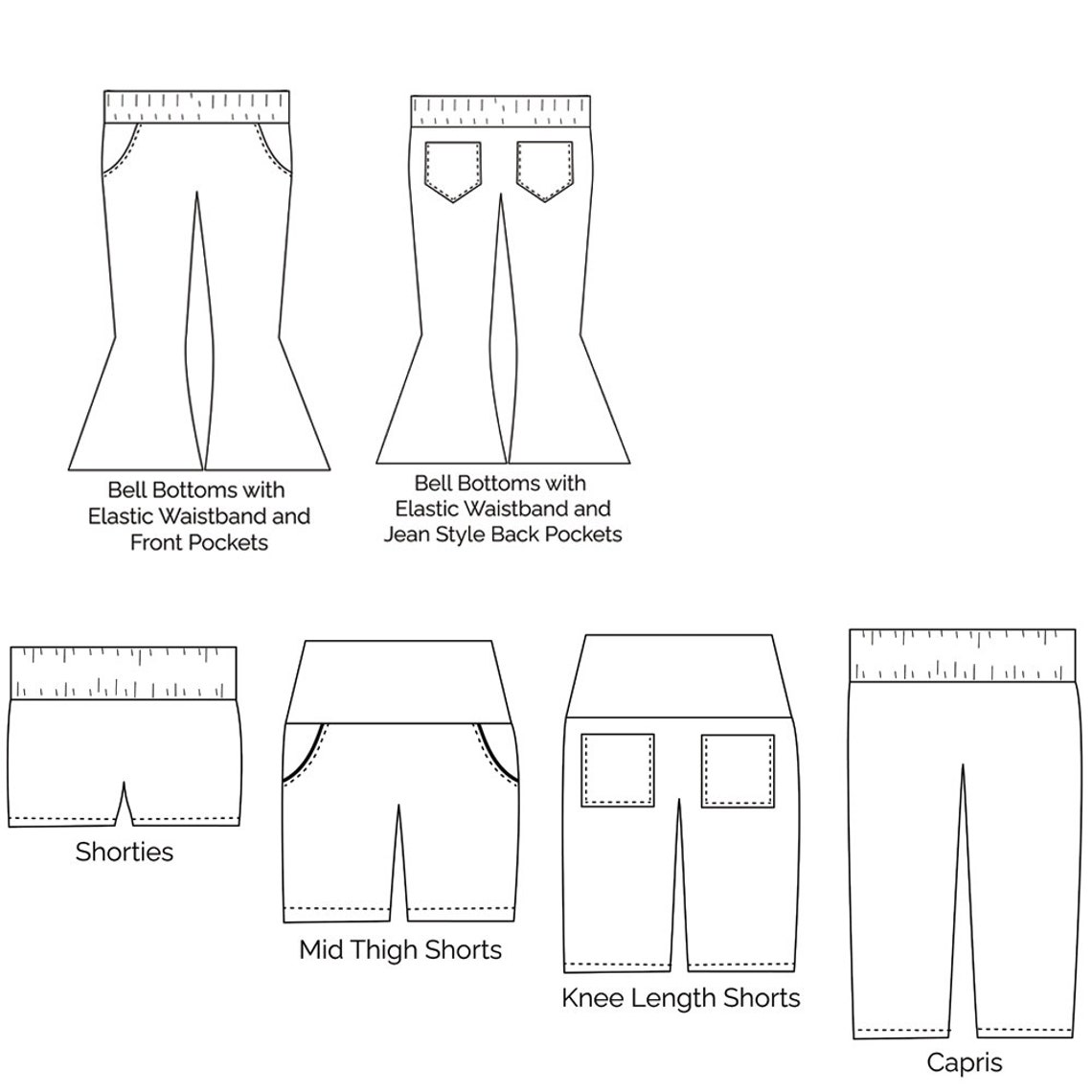 Girls Bell Bottom Pants, Capris and Shorts PDF Sewing Pattern | Girl ...