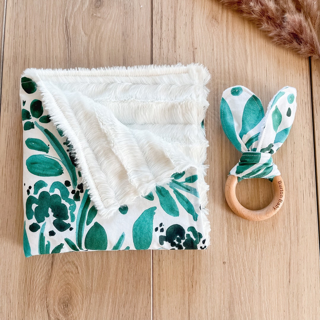 Emerald Green Floral Lovey and Crinkle Toy Gift Set, Faux Fur Lovey ...