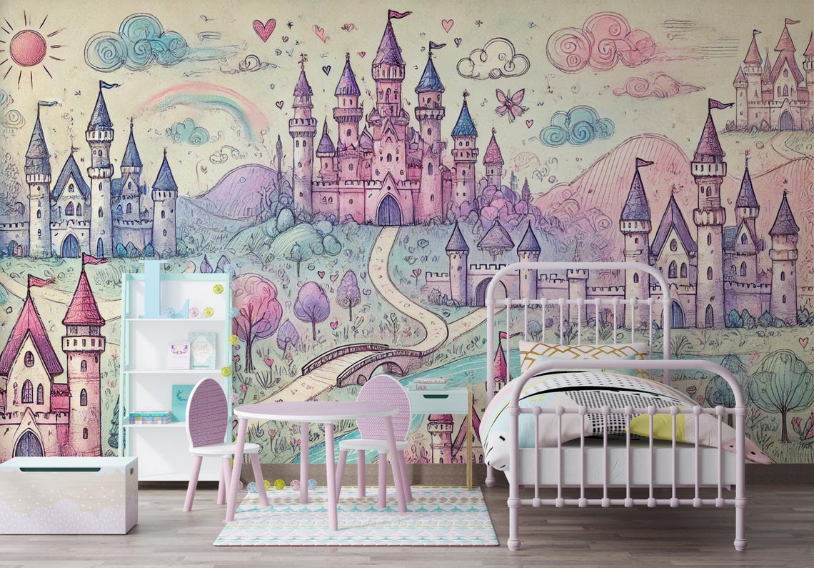 Whimsical Castle Wallpaper: Pastel Fairytale Kids Room Decor - Etsy