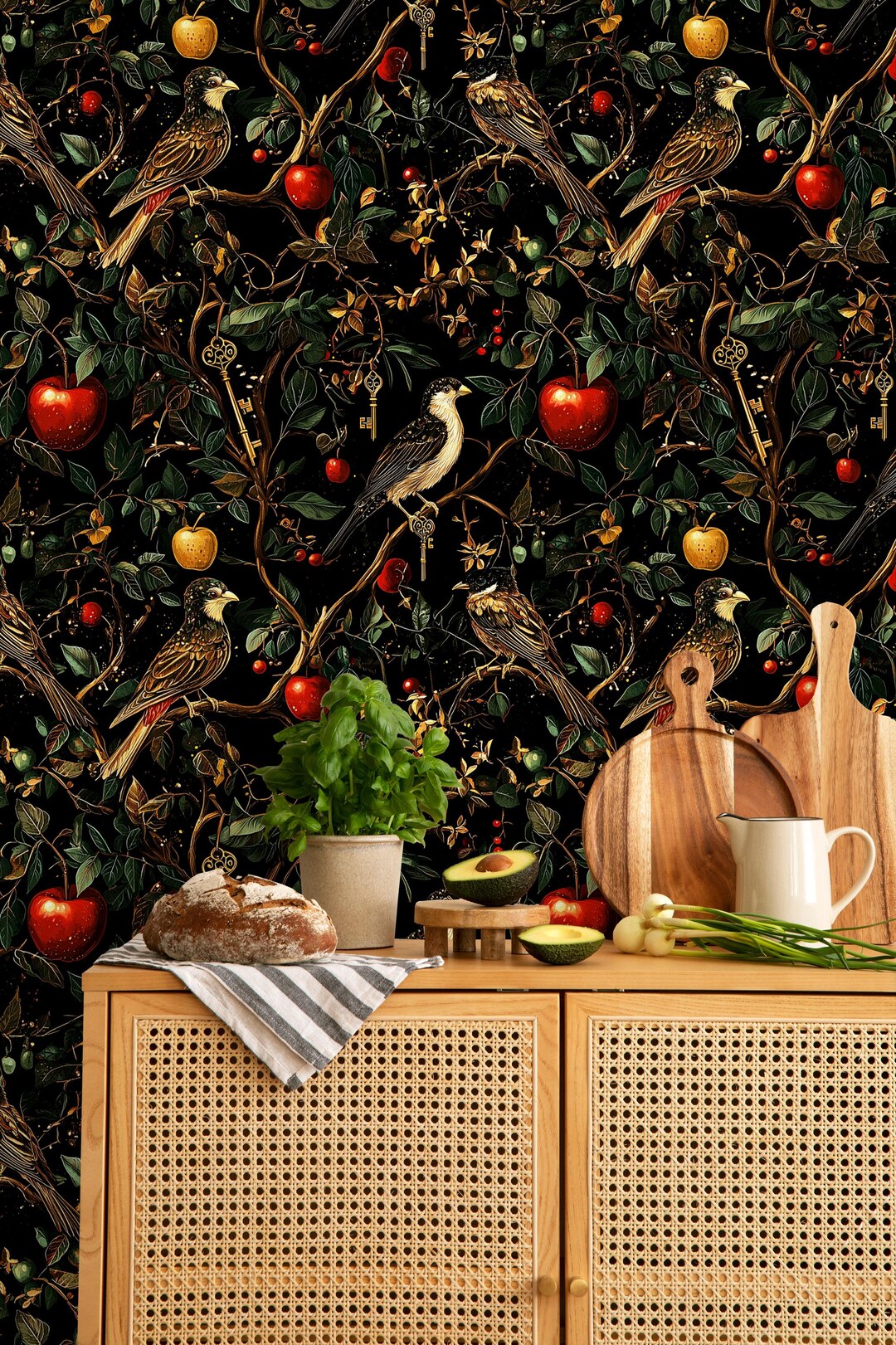 Vintage Botanical Enchanted Bird Wallpaper | Tropical Apple Wallpaper ...